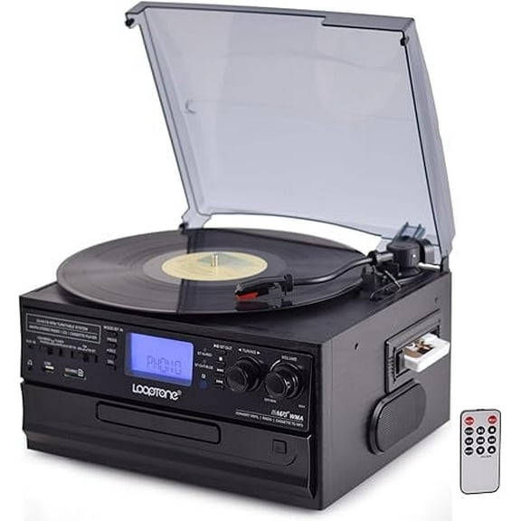 LoopTone Turntable, 3-Speed Vinyl Record Player, Bluetooth, CD Player ...