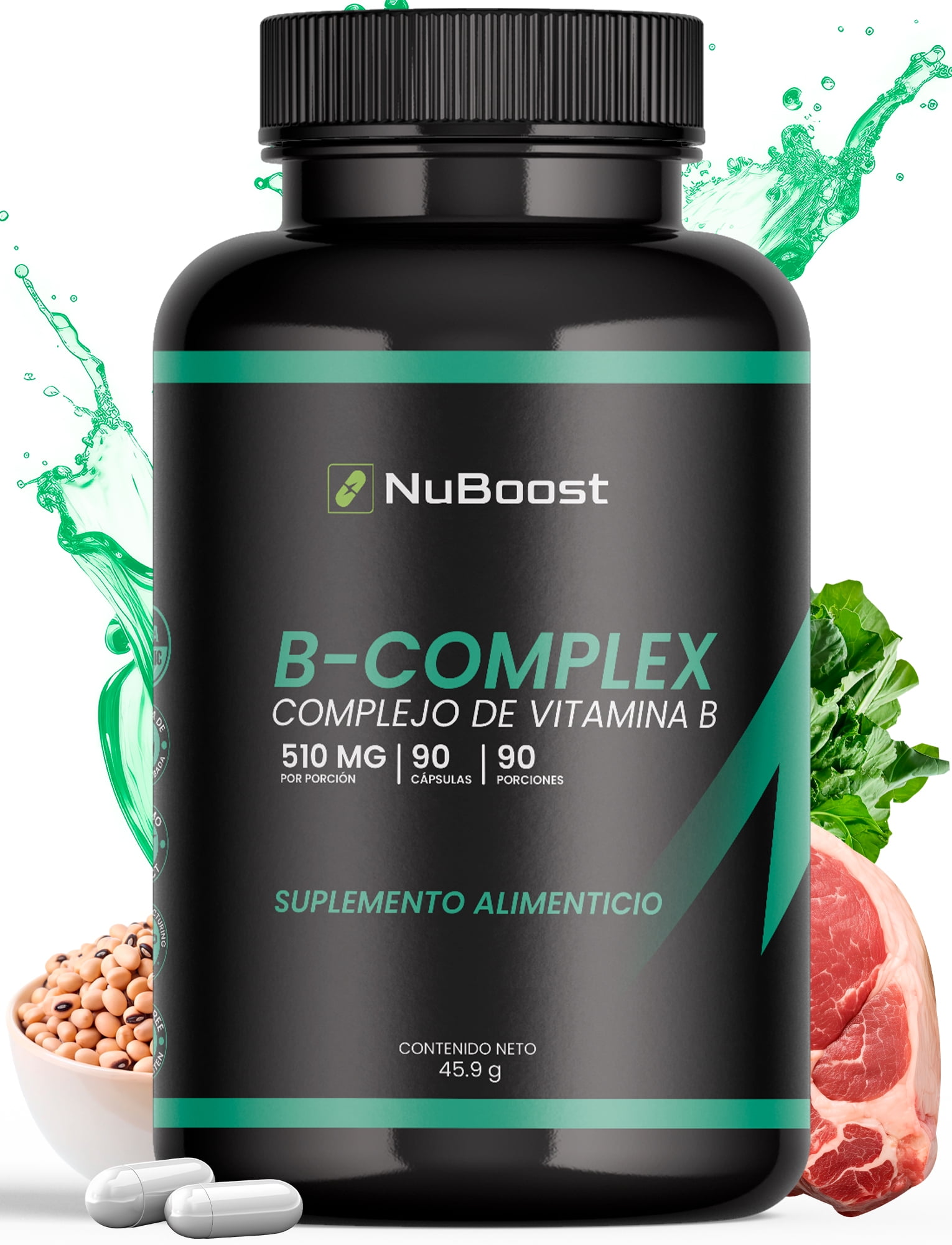 Nuboost Complejo B Completo - 510 mg 90 cápsulas - Vitamina B1, B2, B3, B5, B6, B7, B9, B12 - B ...
