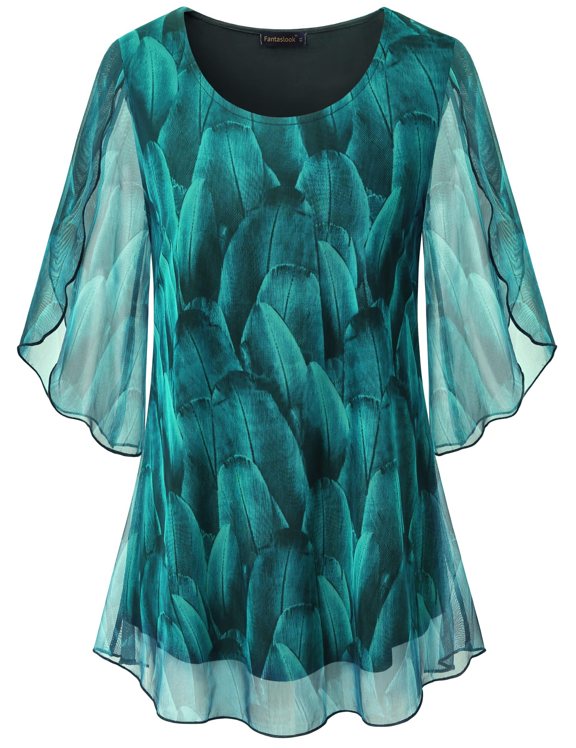 Fantaslook Womens Blouses Floral Ruffle 3/4 Sleeve Flowy Tops Mesh ...