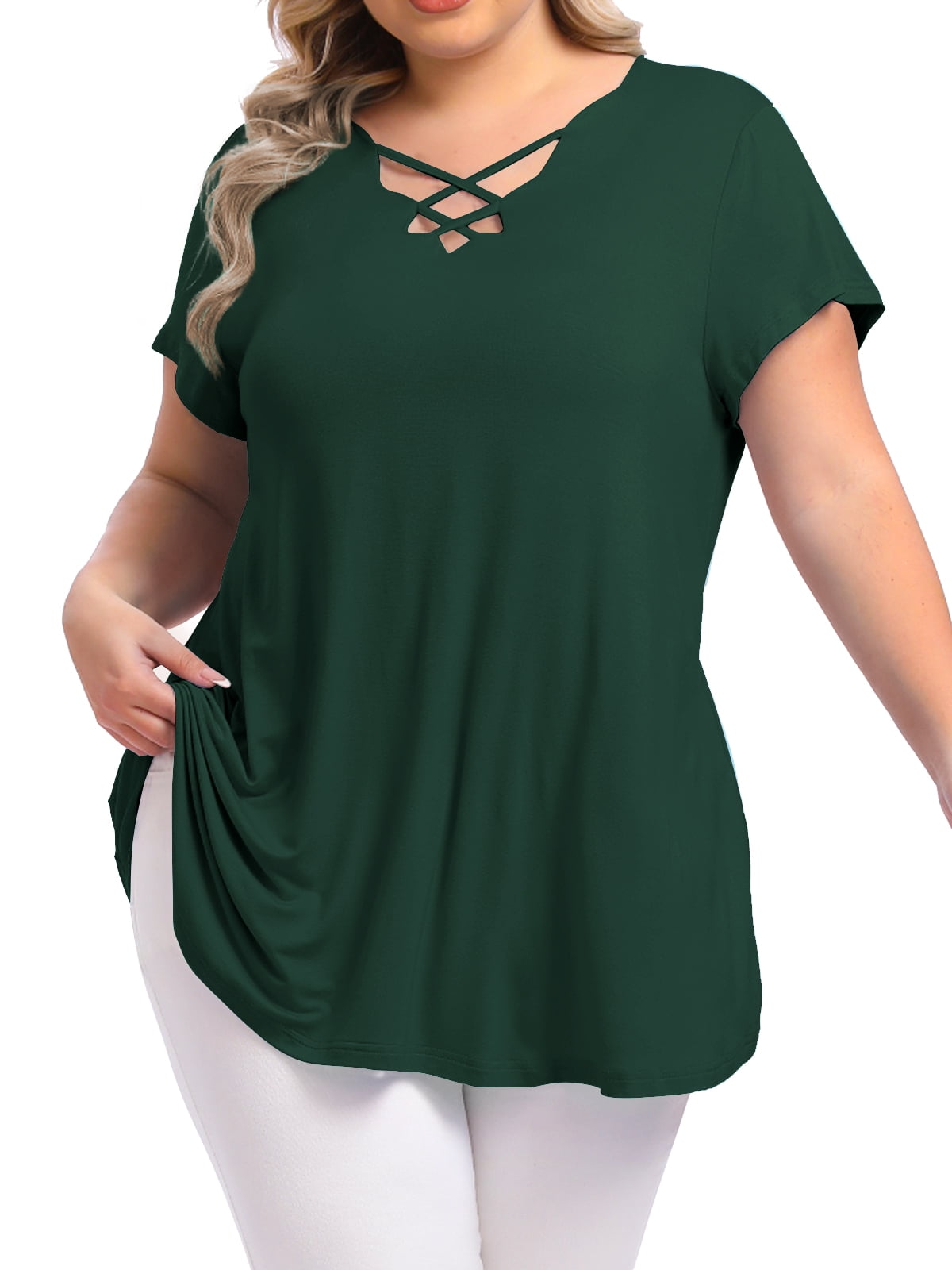 Womens Plus Size Tops Criss Cross V Neck Short Sleeve Summer Casual ...