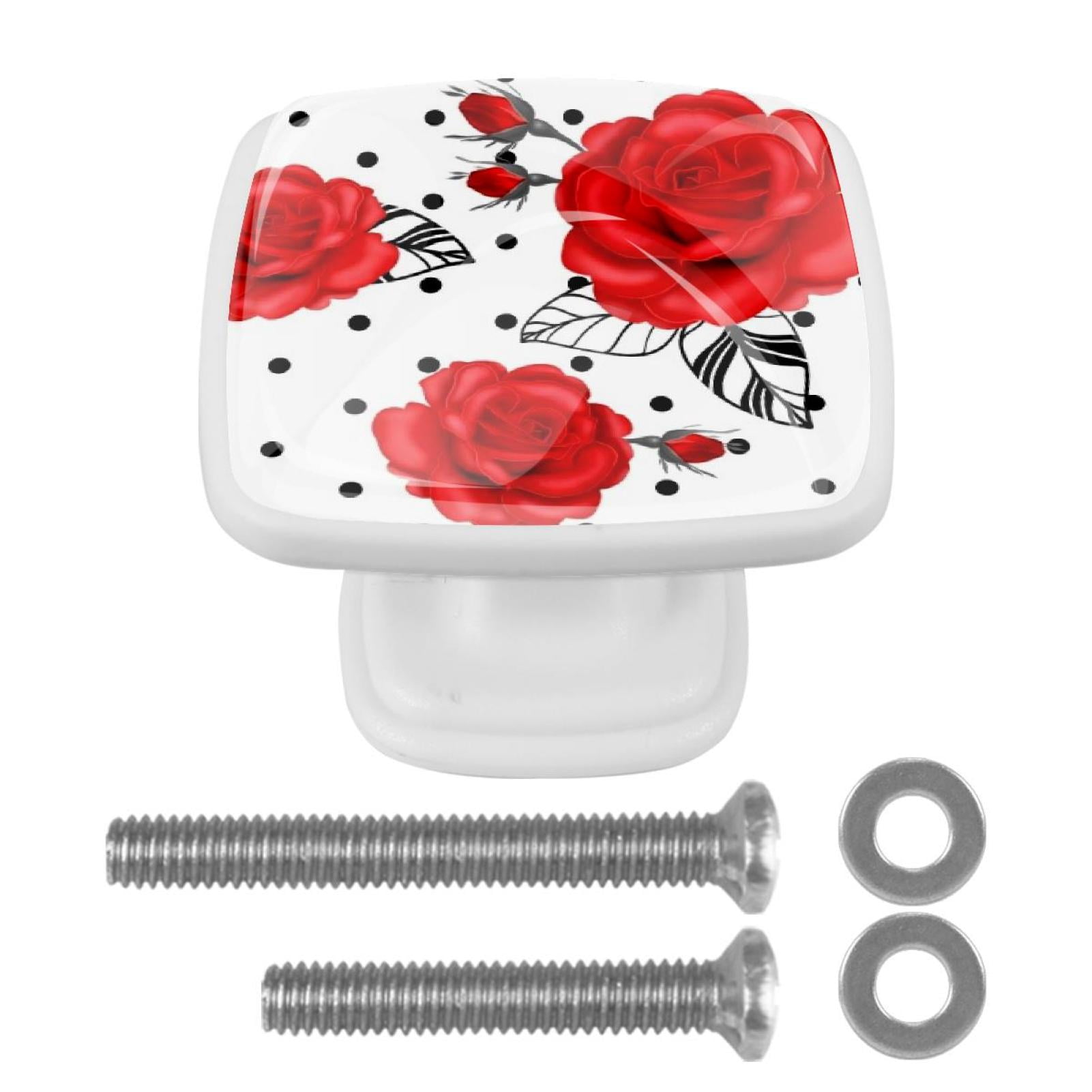 Ownta Big Red Rose Square Glass Drawer Handles Knobs Pulls With Screws ...