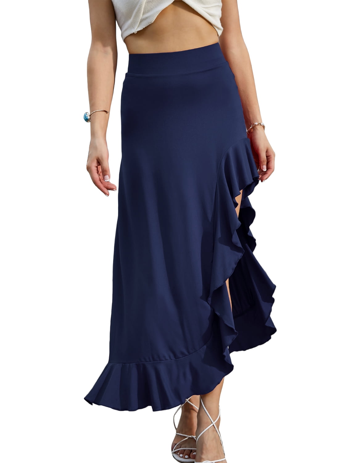 Doublju Women's Flowy Ruffle Asymmetrical Maxi Skirt (Plus Size ...