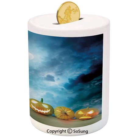 Halloween Ceramic Piggy Bank,Spooky Halloween Pumpkins on Wood Table ...