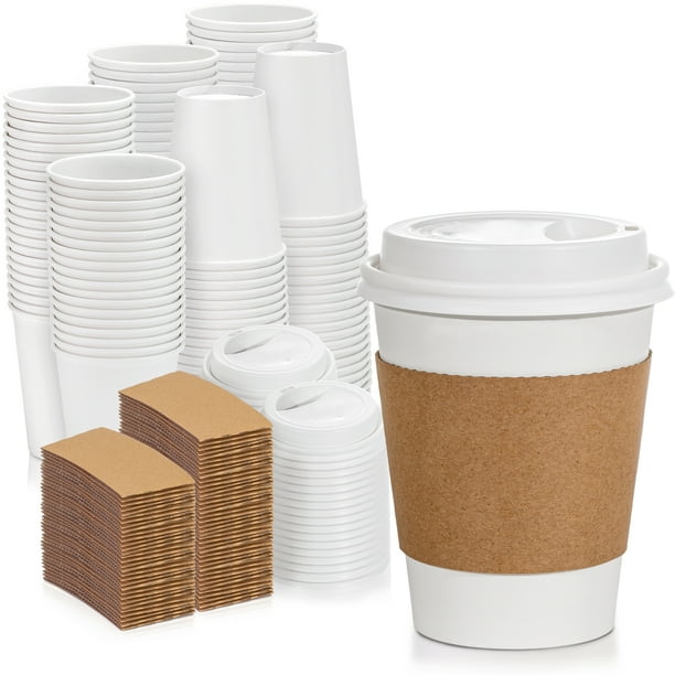 [500 Pack] White Coffee Cups with White Dome Lids and Brown Sleeves ...