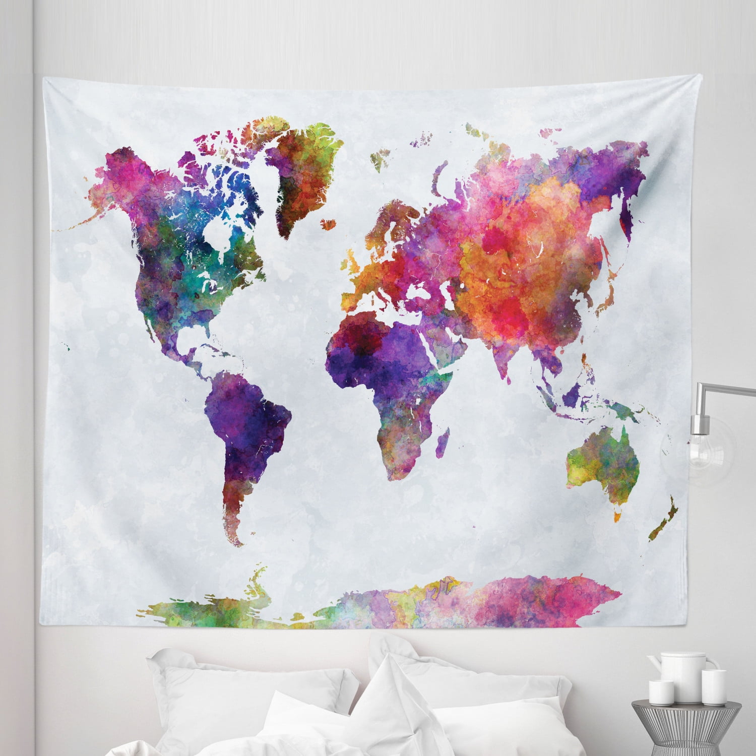 Watercolor Tapestry, Multicolored Hand Drawn World Map Asia Europe ...