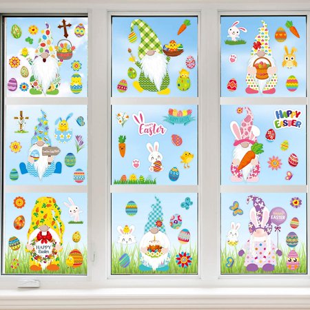 77 Pieces 8 Sheets Easter Window Cling Decals Bunny Easter Eggs Flower ...
