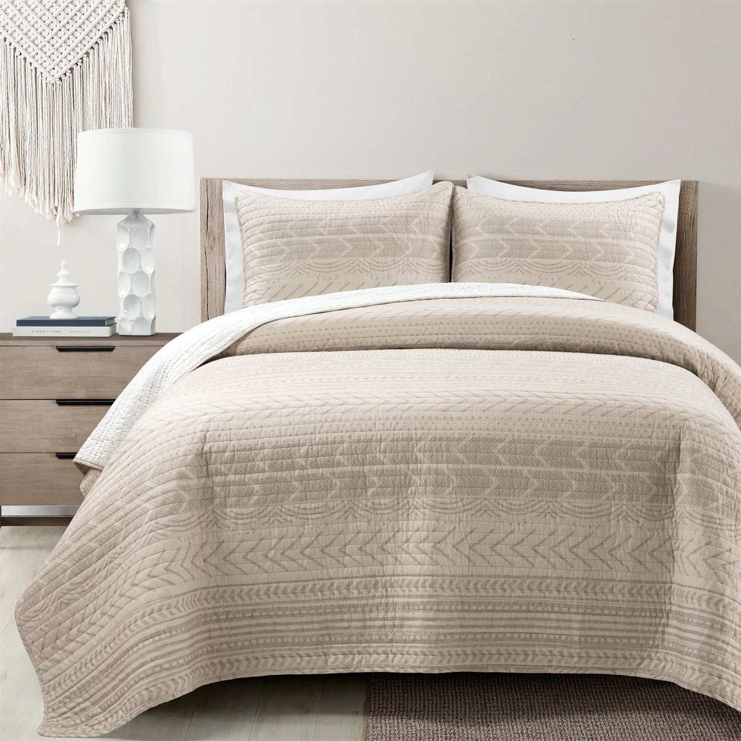 Full/Queen Scandinavian Chevron Beige Tan Reversible Cotton Quilt Set ...