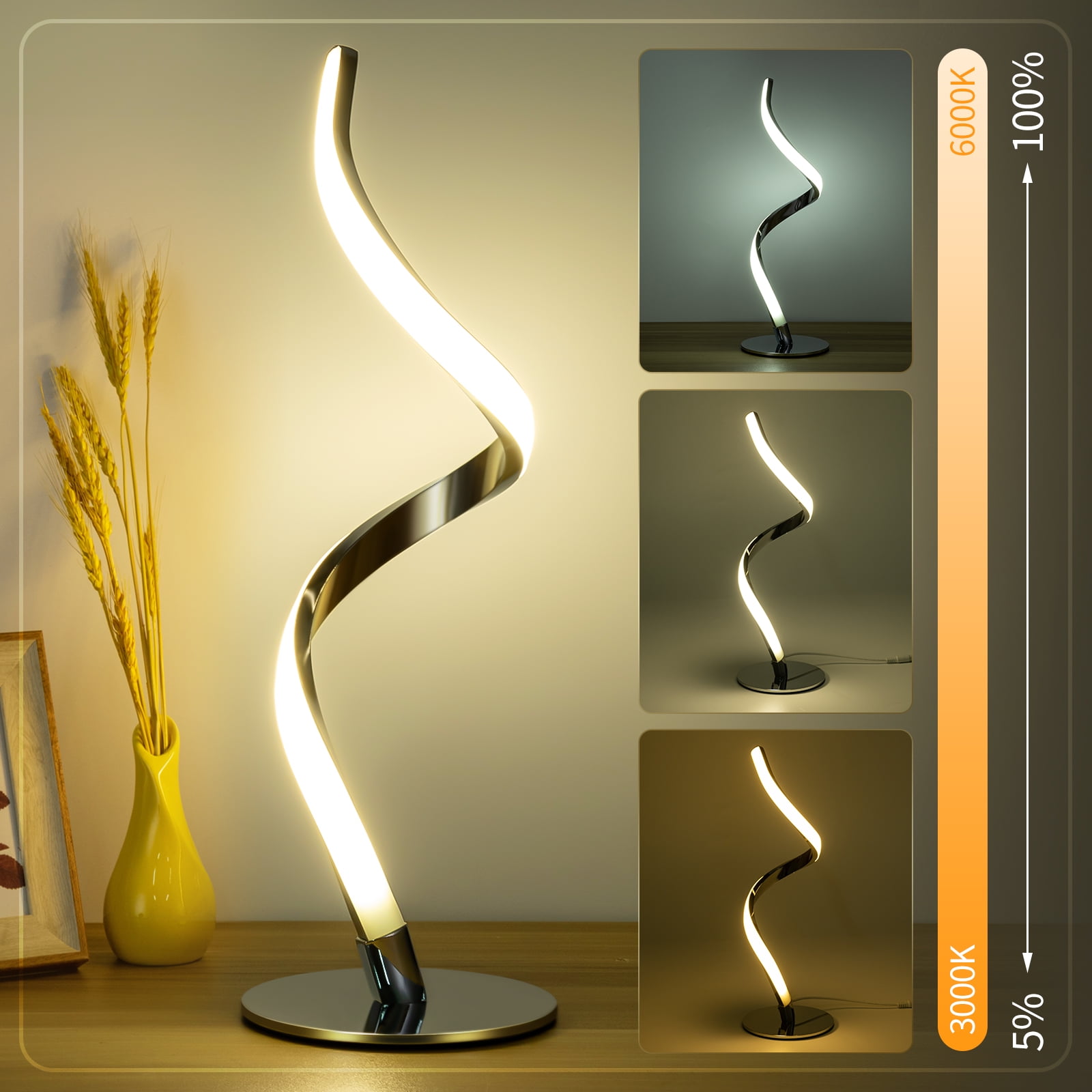Modern Spiral Table Lamp - Yarra-Decor Touch Control Bedside Lamp, 3 ...