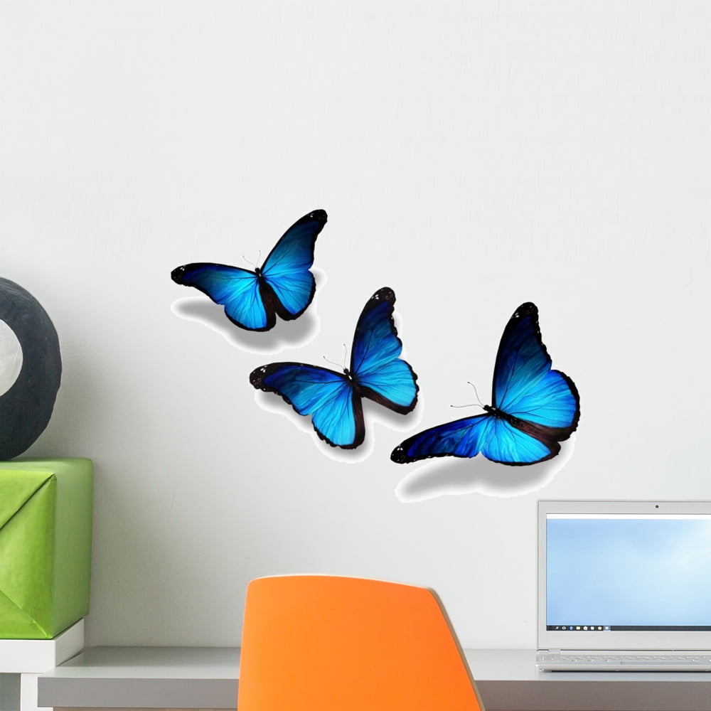 Three Blue Butterflies Flying Wall Decal by Wallmonkeys Peel and Stick ...