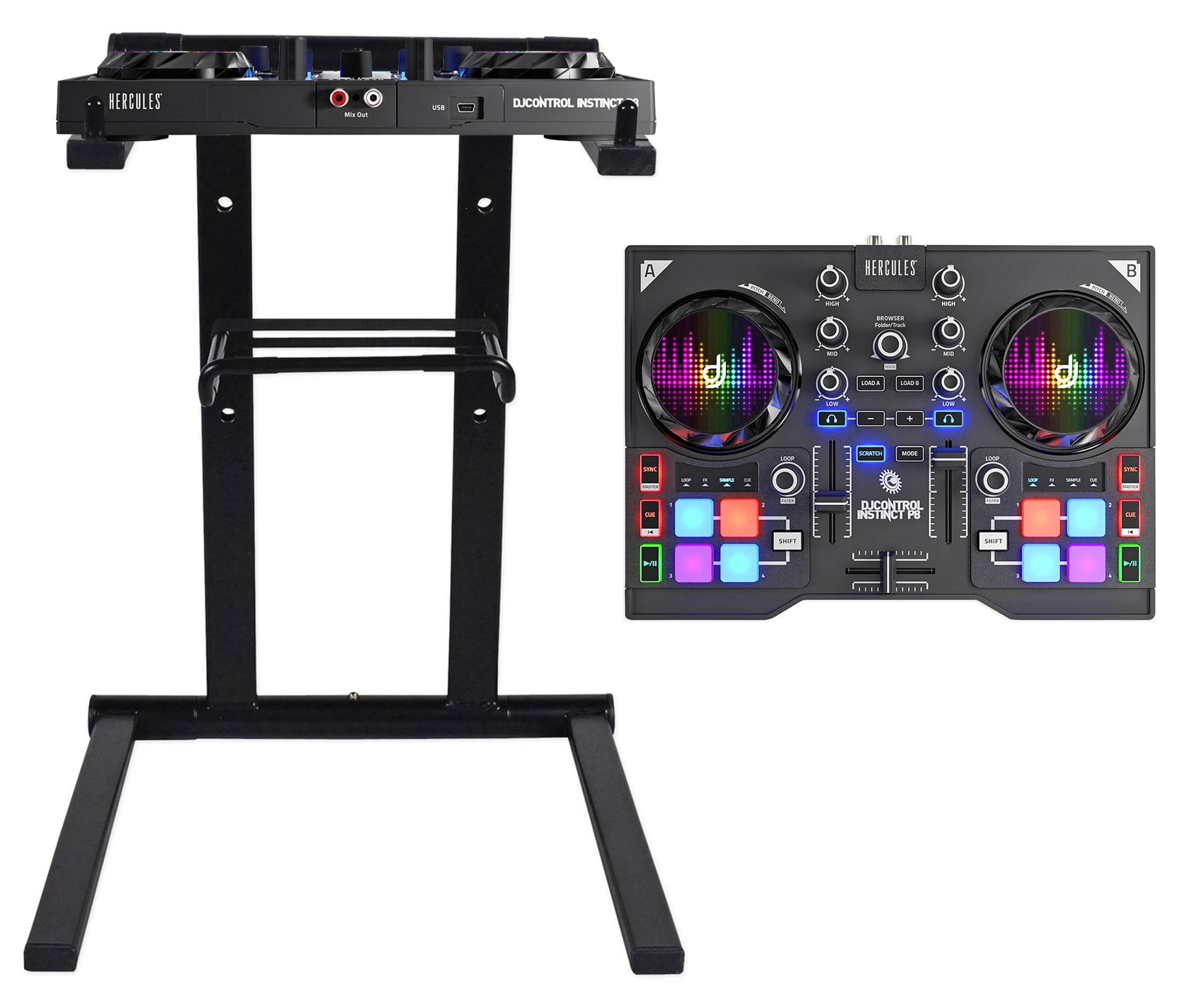 Hercules Instinct P8 2-Deck USB DJ Controller+Pads w/Lights+Sound Card ...