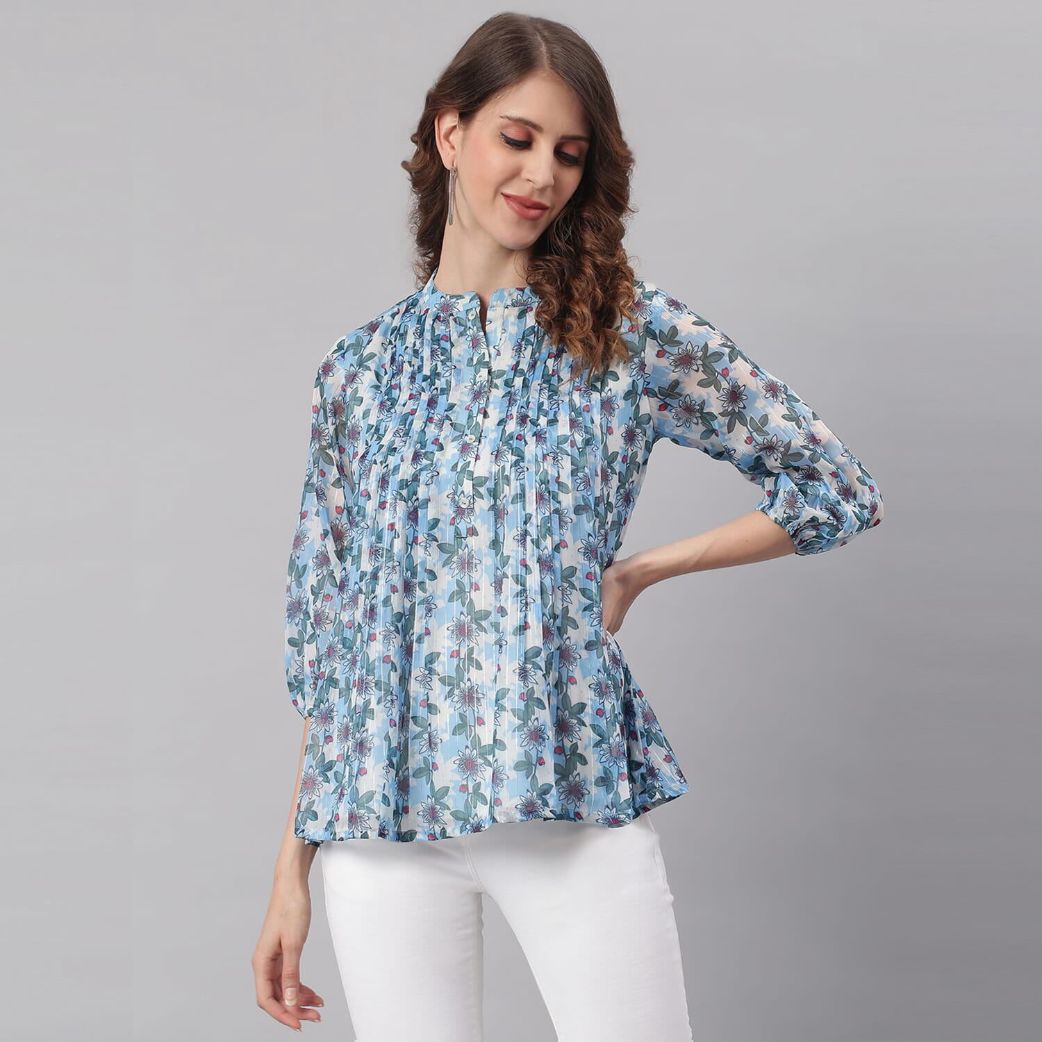 Janasya Indian Chinese Neck 3/4 Sleeve Floral Print Blue Poly Georgette ...