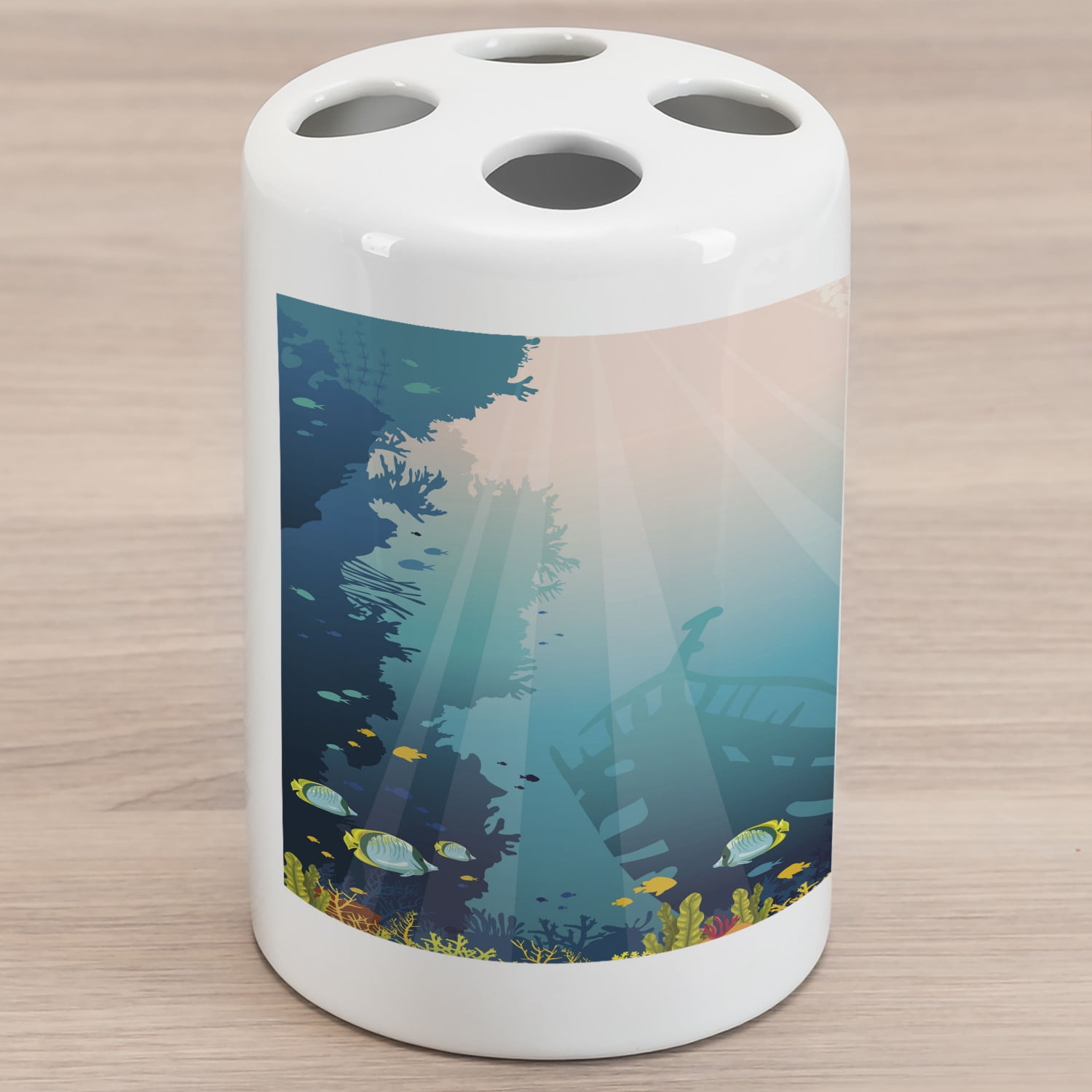 Sea Life Ceramic Toothbrush Holder, Silhouette of a Scuba Diver Sunken ...