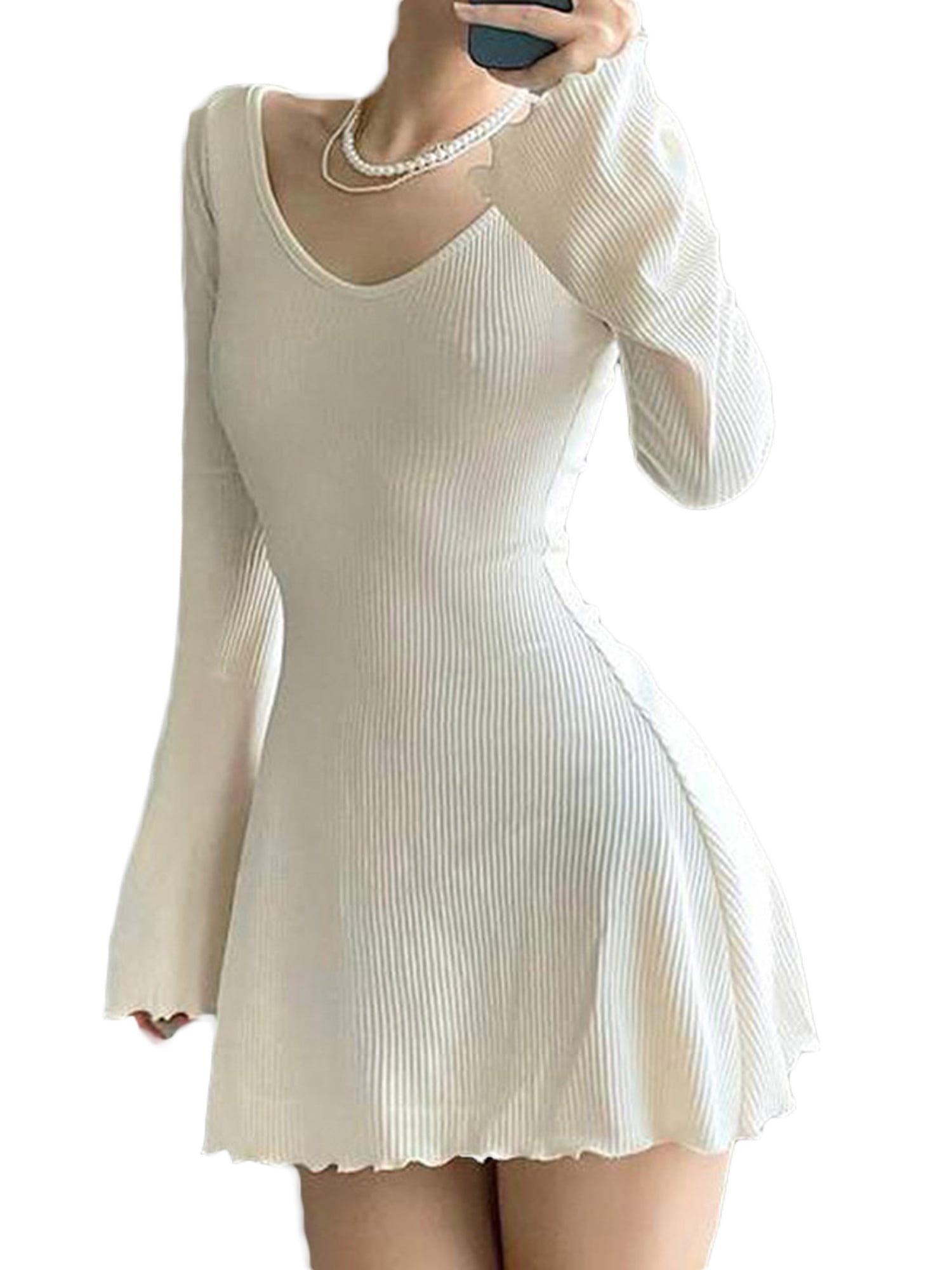 SHIBAOZI Womens Summer Slim A-Line Dress,Ribbed Long Sleeve V-Neck Slim ...