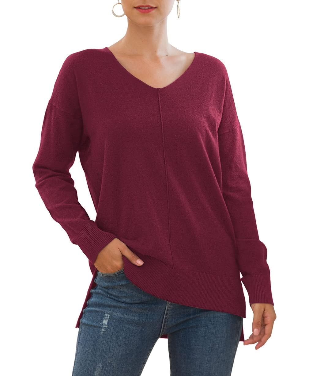 MLANM Women's V-Neck Pullover Sweaters Side Split Tunic Sweatshirt ...