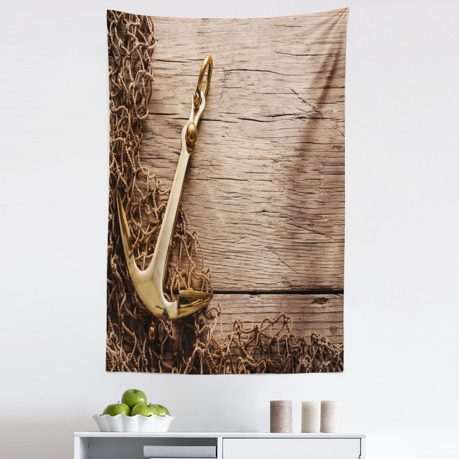 Rustic Tapestry, Nautical Anchor and Fishing Net on Wooden Background ...