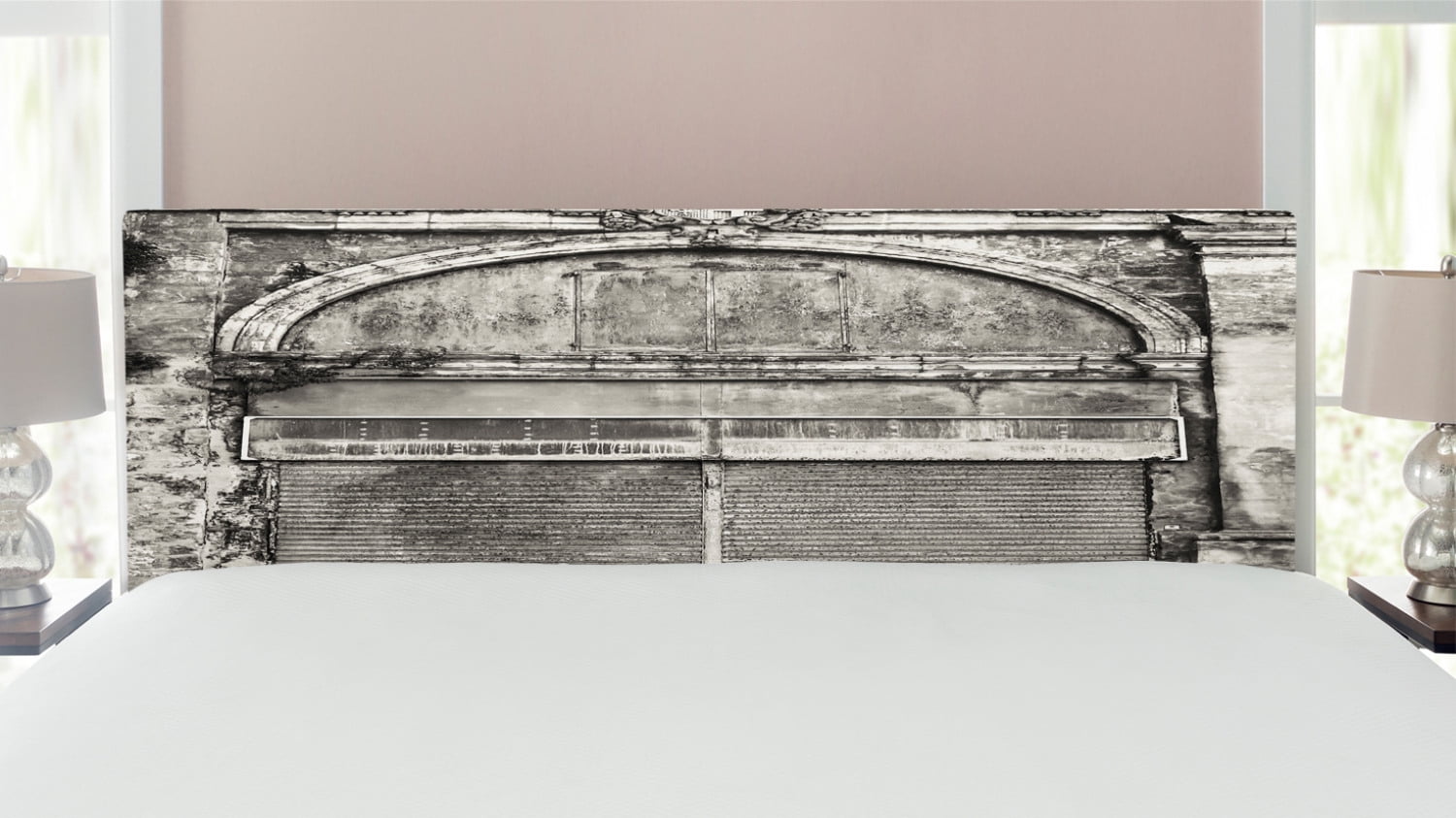 Rustic Headboard, Monochrome Old Closed Store Front with Jalousie and ...