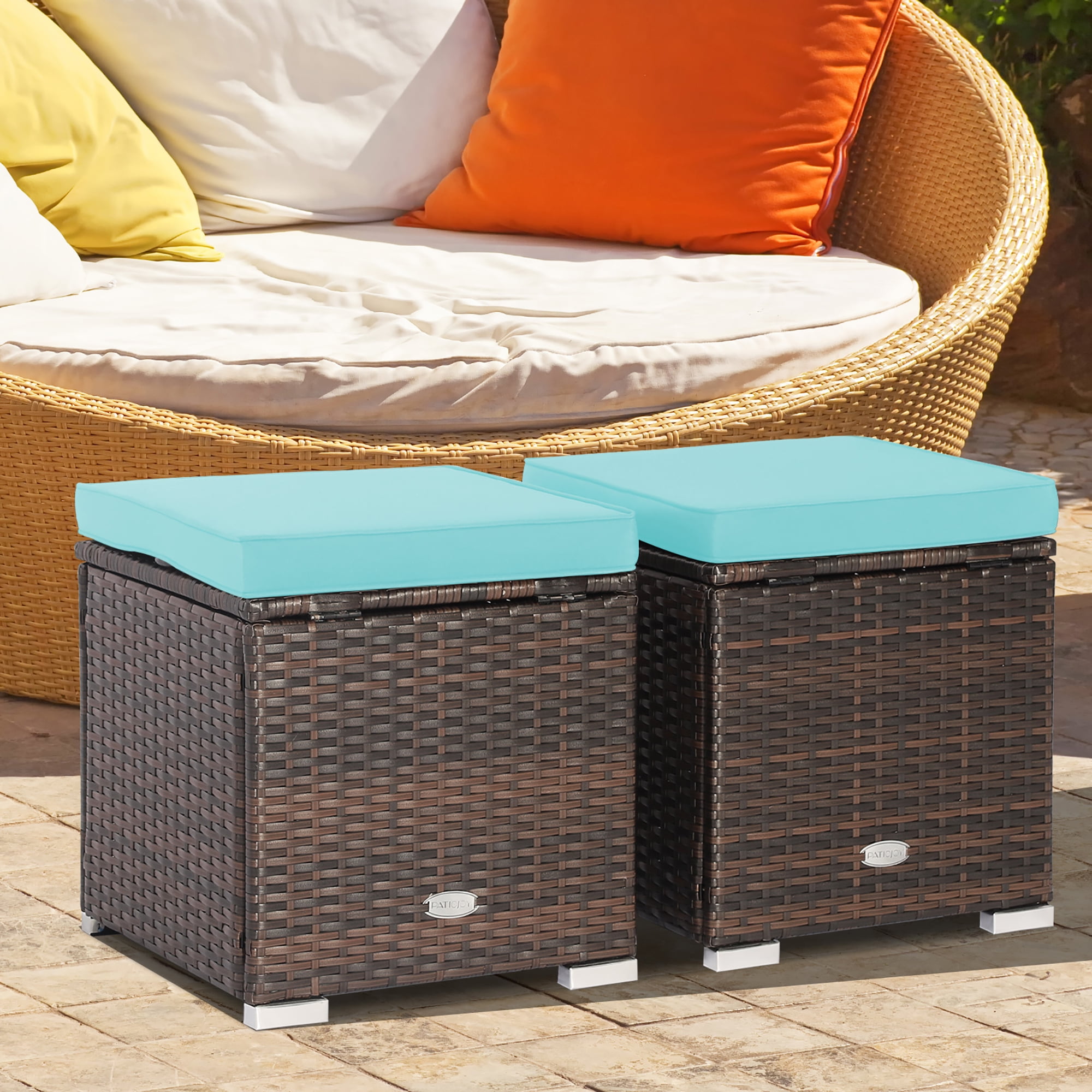 Costway 2PCS Patio Rattan Ottomans Seat Side Table Storage Box ...