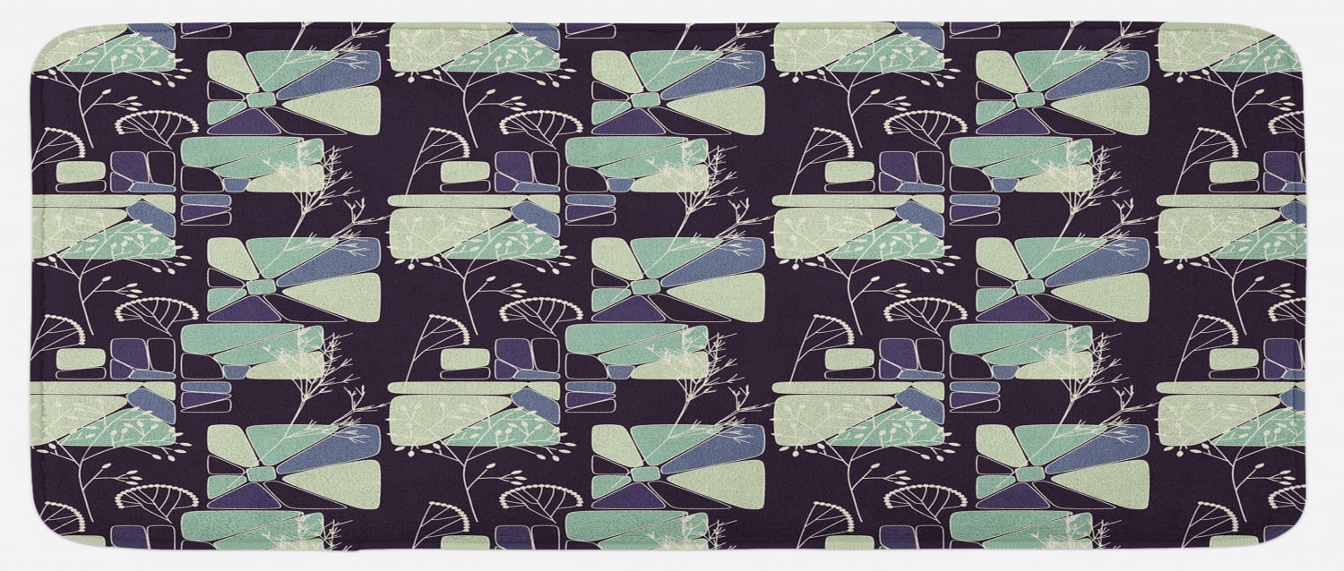 Floral Kitchen Mat, Geometric Soft Shapes with Flower Silhouettes ...