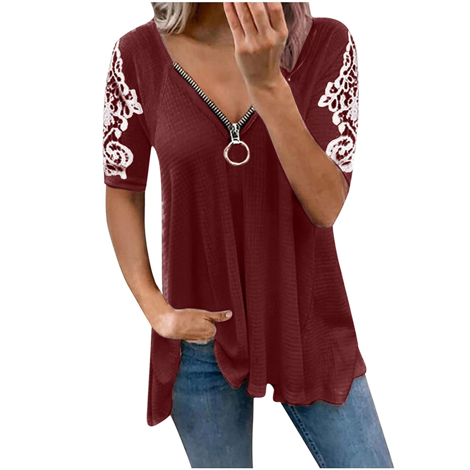 Womens Tops Clearance Under $5 Women Casual Low-Cut Short Sleevesv-Neck ...