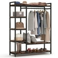 Brown/ Black Wood Industrial Clothing rack with shelves, 5-Tier Clothes ...