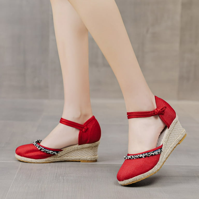 Red Flat Sandals With Rhinestones