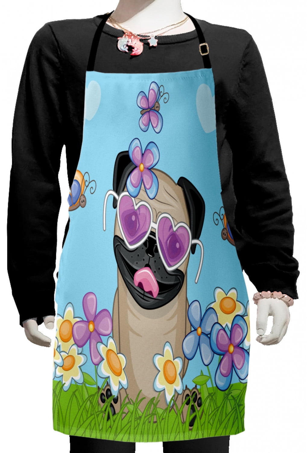 Pug Kids Apron, Puppy on the Field Flowers Butterflies Heart Shaped ...