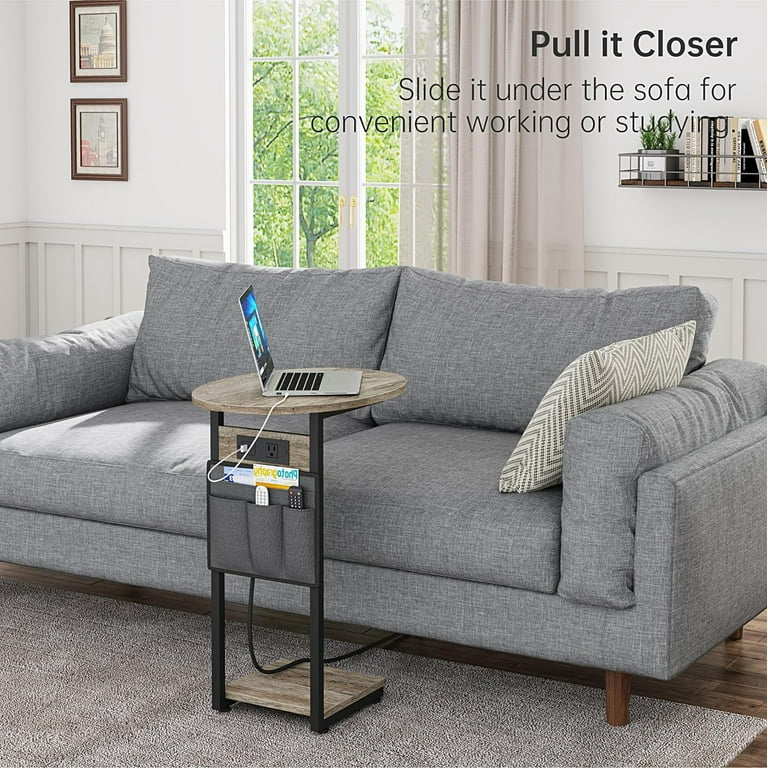 C Shaped End Table with Charging Station Small Side Table for Couch TV Tray Slide Under Sofa Table with Metal Frame for Living Room Bedroom Round
