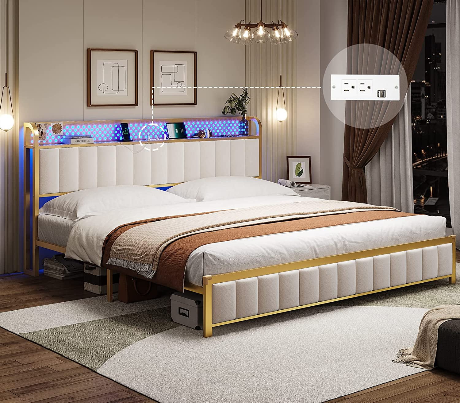 King LED Bed Frame with RGB LED Lights&Storage Headboard, Metal ...