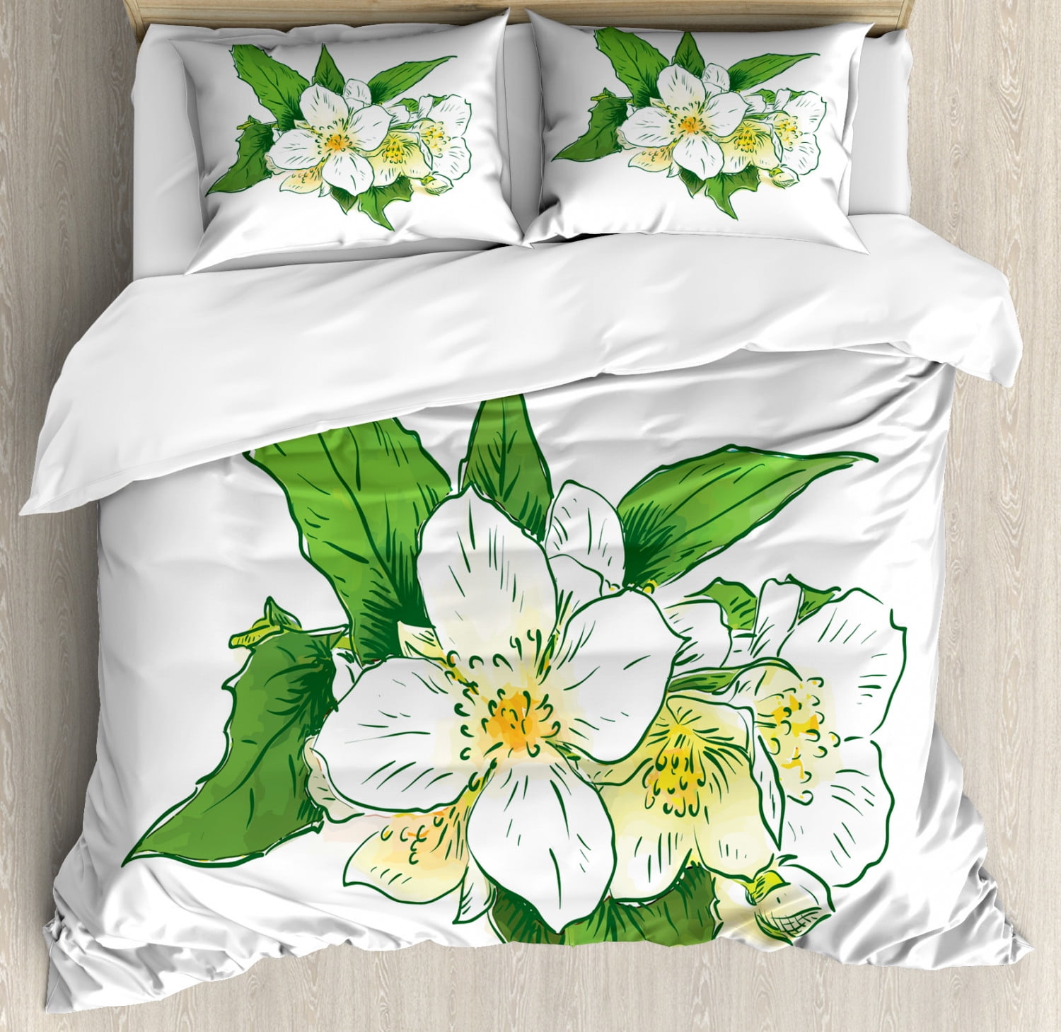 Jasmine Duvet Cover Set Queen Size, Watercolor Effect Jasmine Nosegay ...