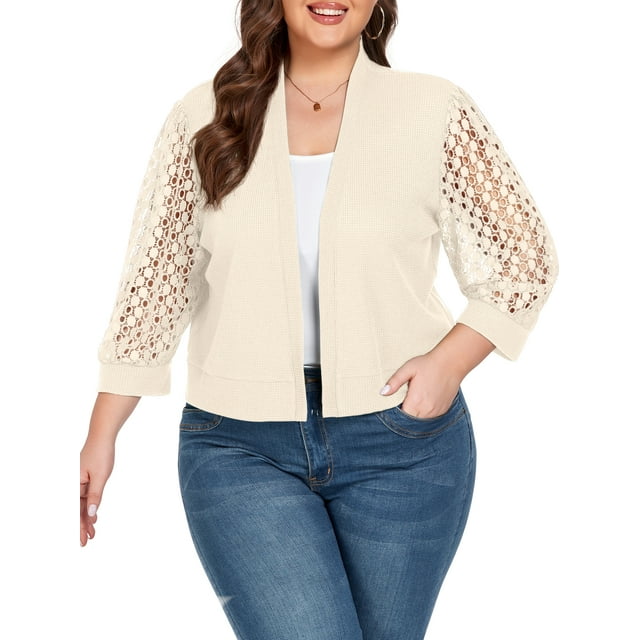 Cueply Womens Plus Size Cardigan Shrugs 3/4 Sleeve Open Front Cropped ...
