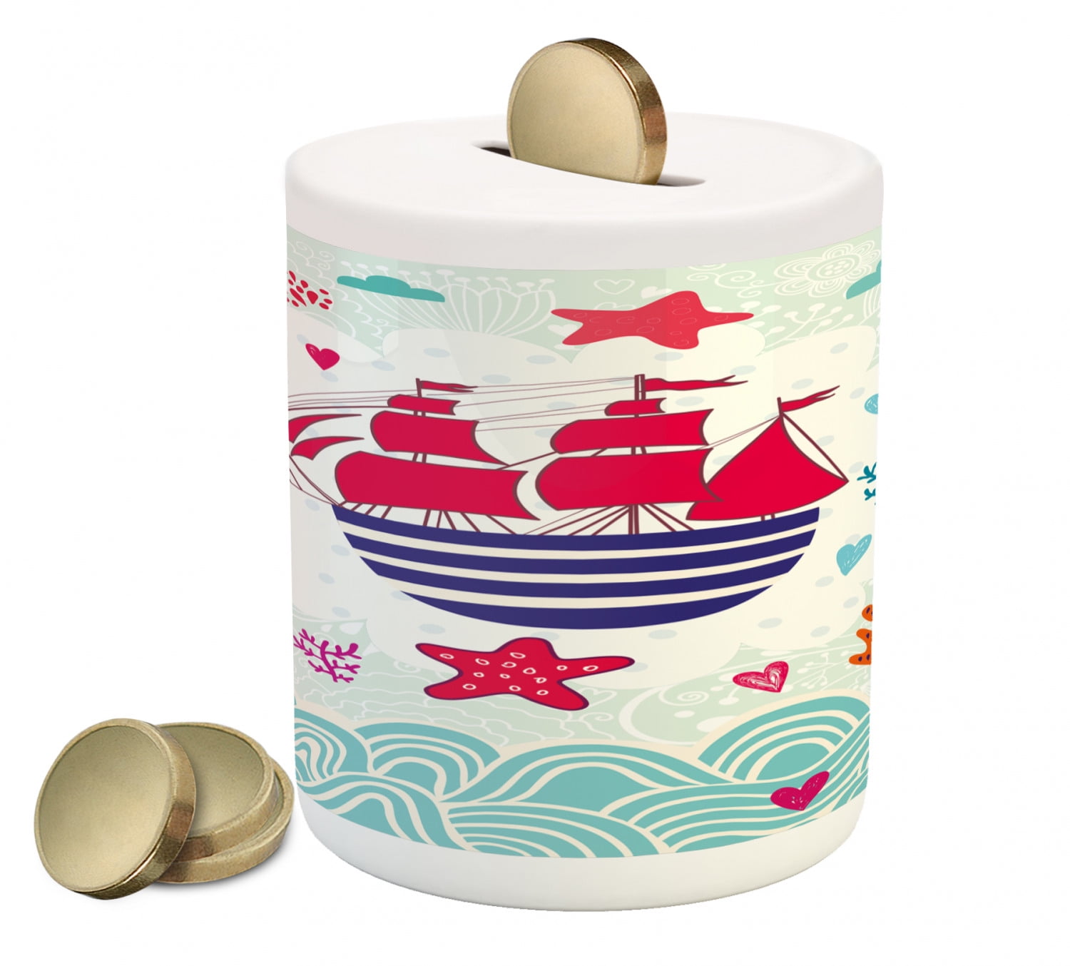 Ocean Piggy Bank, Maritime Theme a Sailing Ship Anchor Seahorse and Sea ...