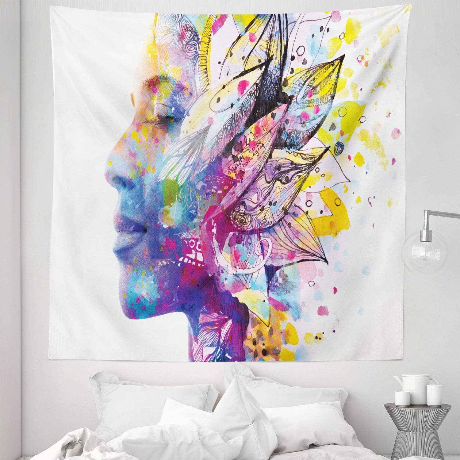 Women Tapestry, Happy Smiling Lady with Leafy Zentangle Watercolor ...