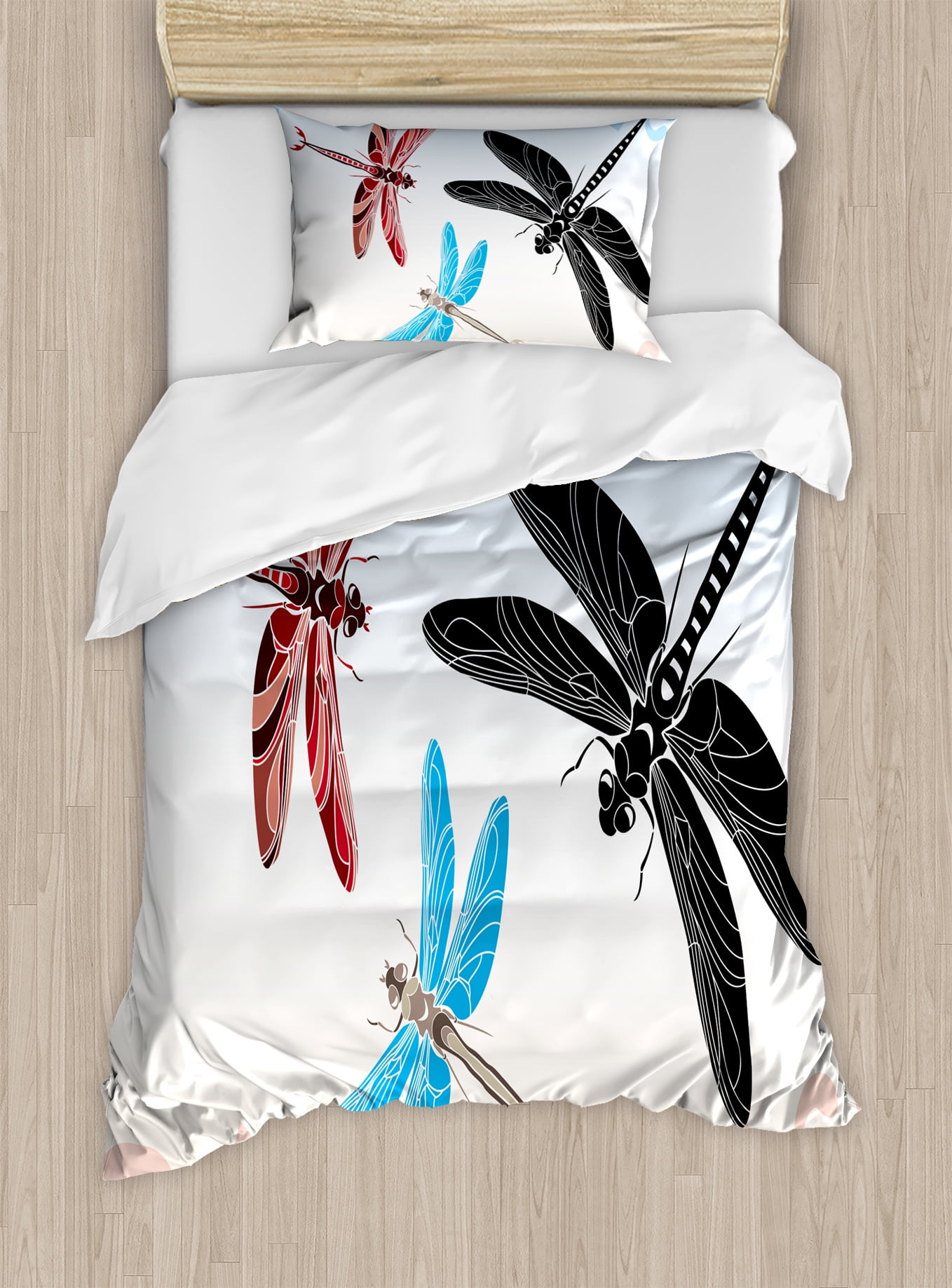 Dragonfly Twin Size Duvet Cover Set, Exotic Dragonflies Flying in Cloud ...