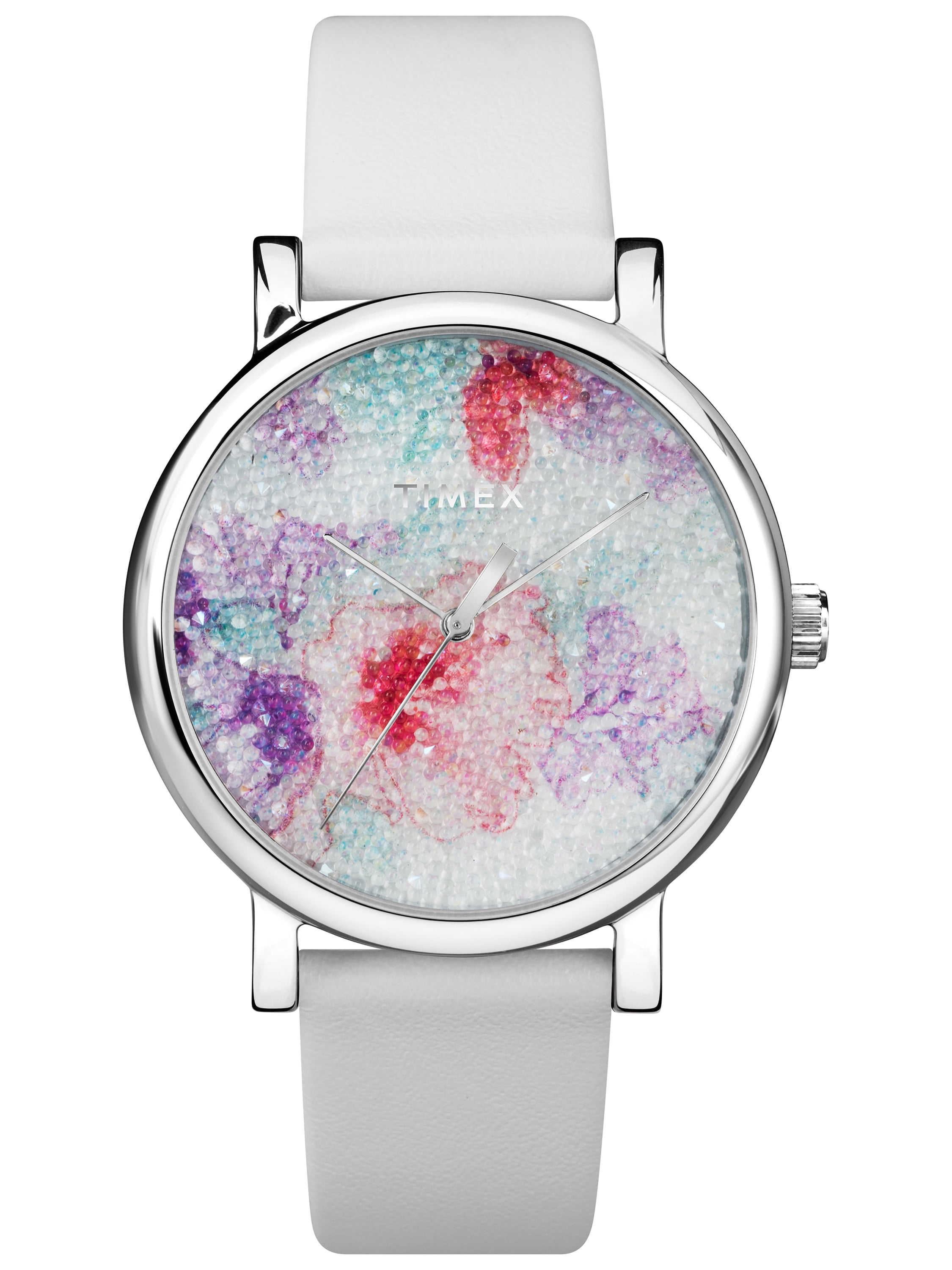 Women's Crystal Bloom White/Silver Floral Watch, Leather Strap ...