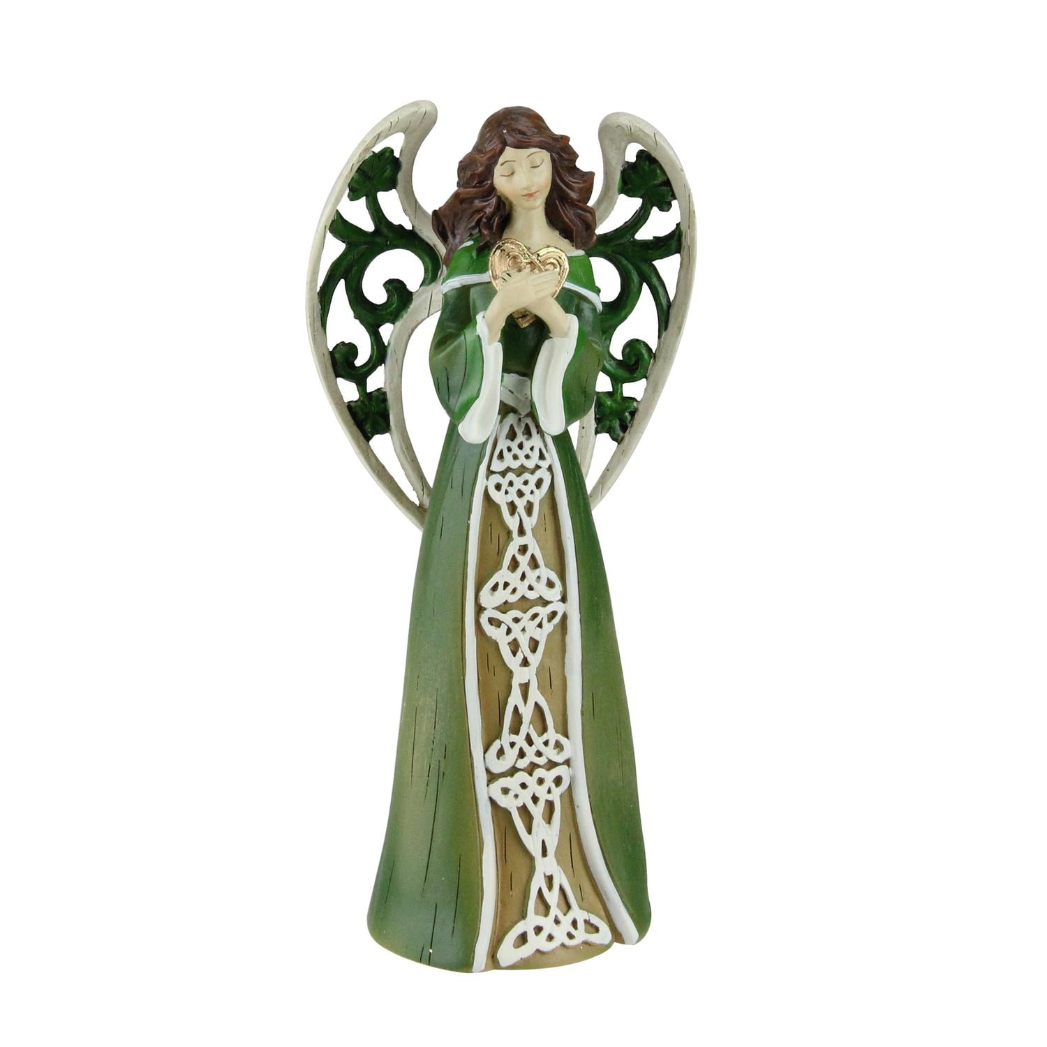 7.5" Green and White Distressed Irish Angel with Shamrock Wings Holding ...