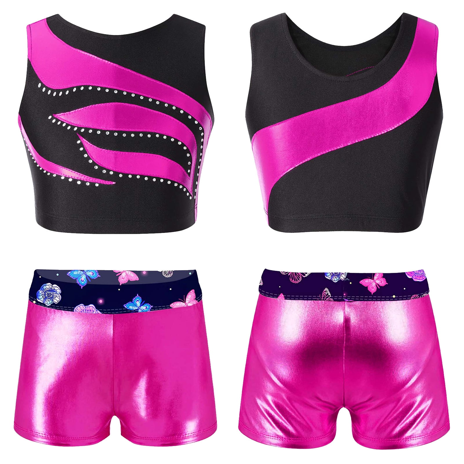 renvena Child Girls Dance Gymnastics Outfit Rhinestones Printed Crop ...