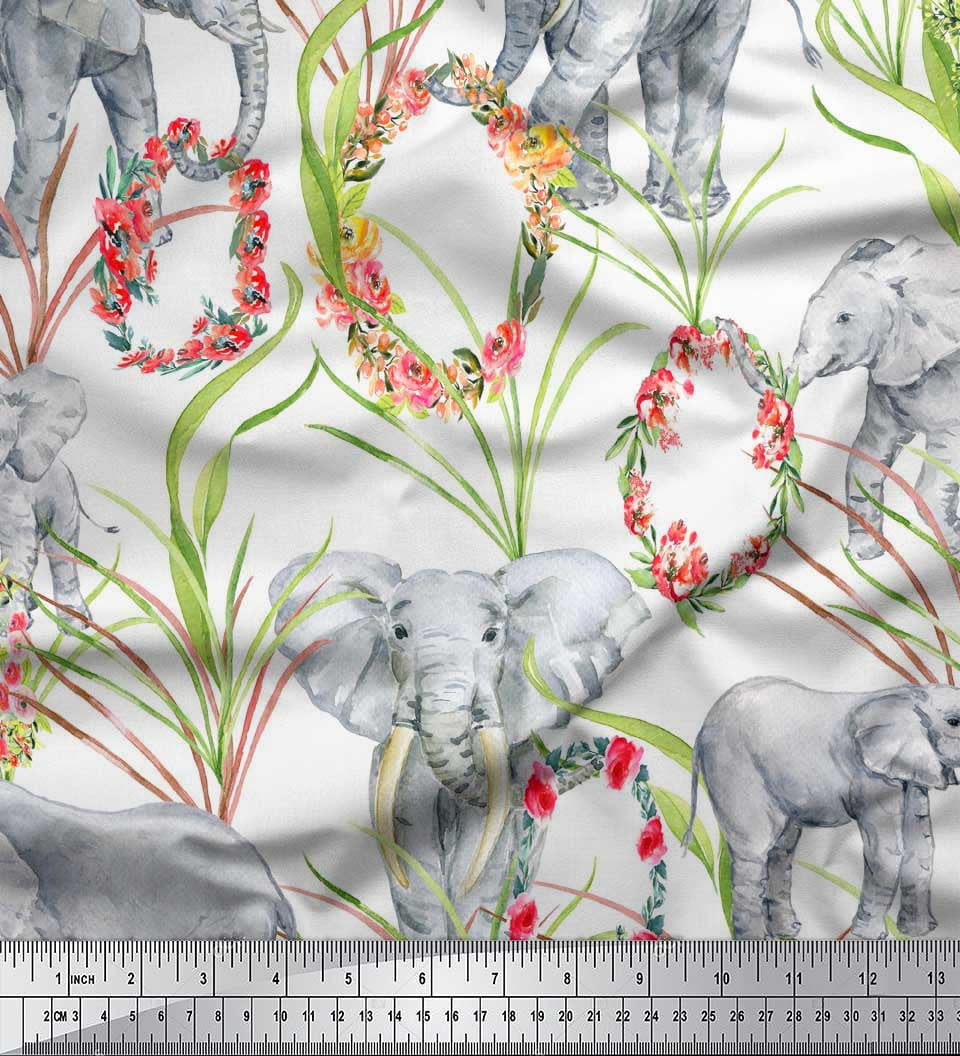 Soimoi Japan Crepe Satin Fabric Leaves,Floral Wreath & Elephant Jungle ...