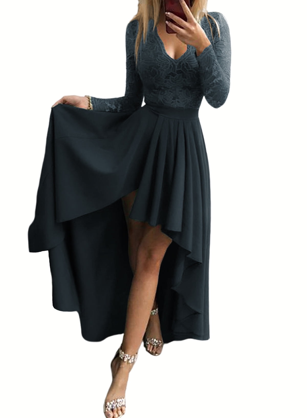 Asvivid Womens Cocktail Party Dress V Neck Lace Hi Low Long Sleeve