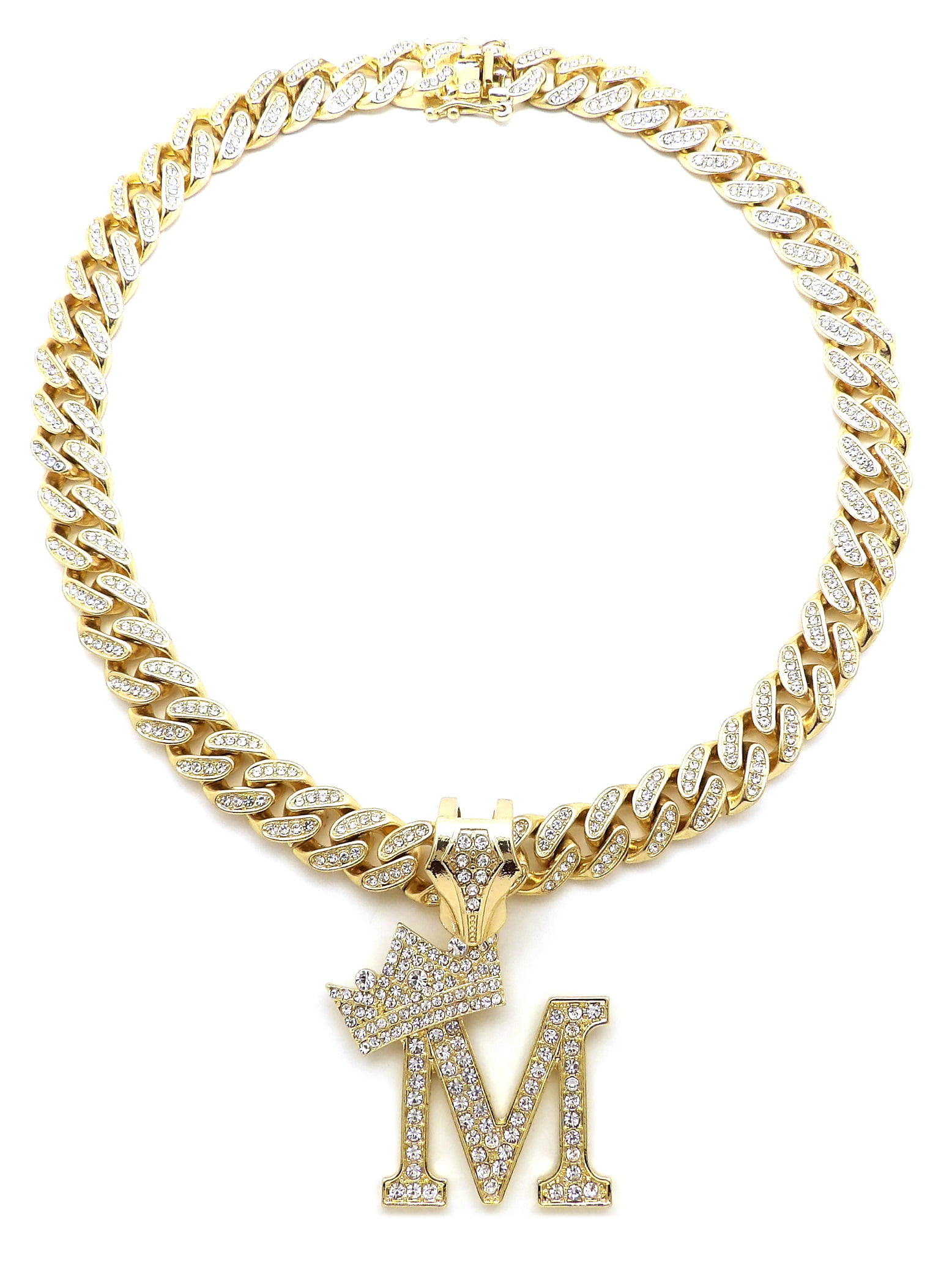 Stone Stud Crowned Initial Pendant with 12mm 18" Iced Out Miami Cuban ...