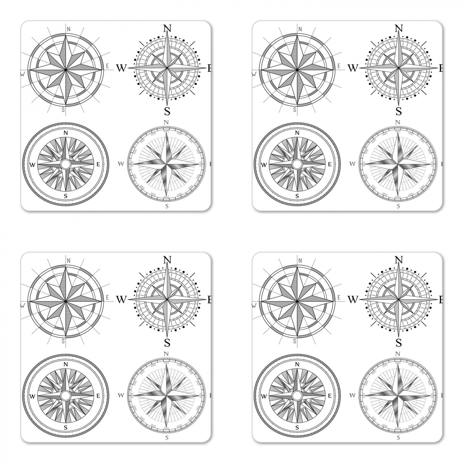 Compass Coaster Set of 4, Seafaring Design Windroses in Black and White ...