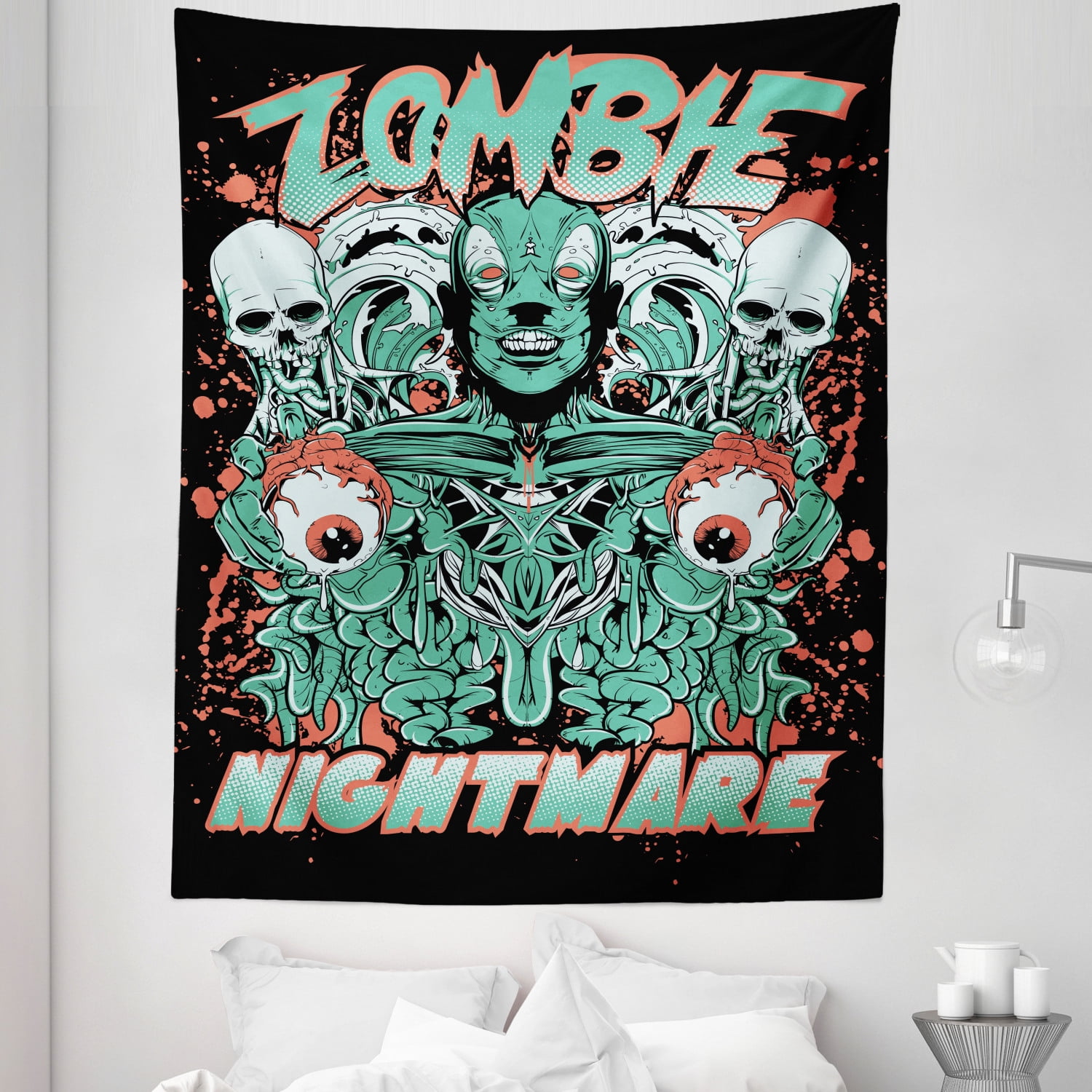 Zombie Tapestry, Retro Style Nightmare with Skulls Ghost Characters ...
