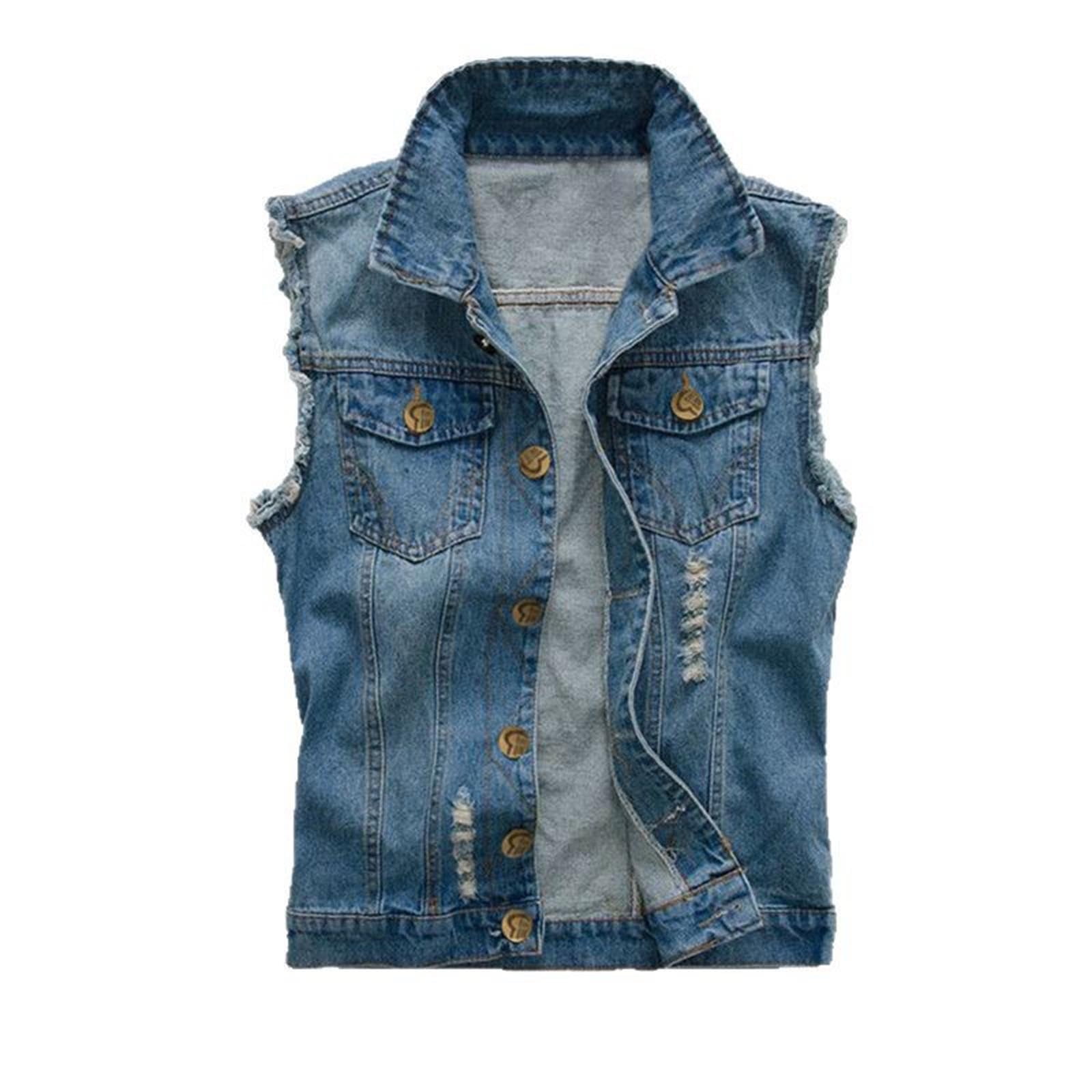 Click here for Fengqque Mens Fit Retro Ripped Denim Vest Sleevele... prices