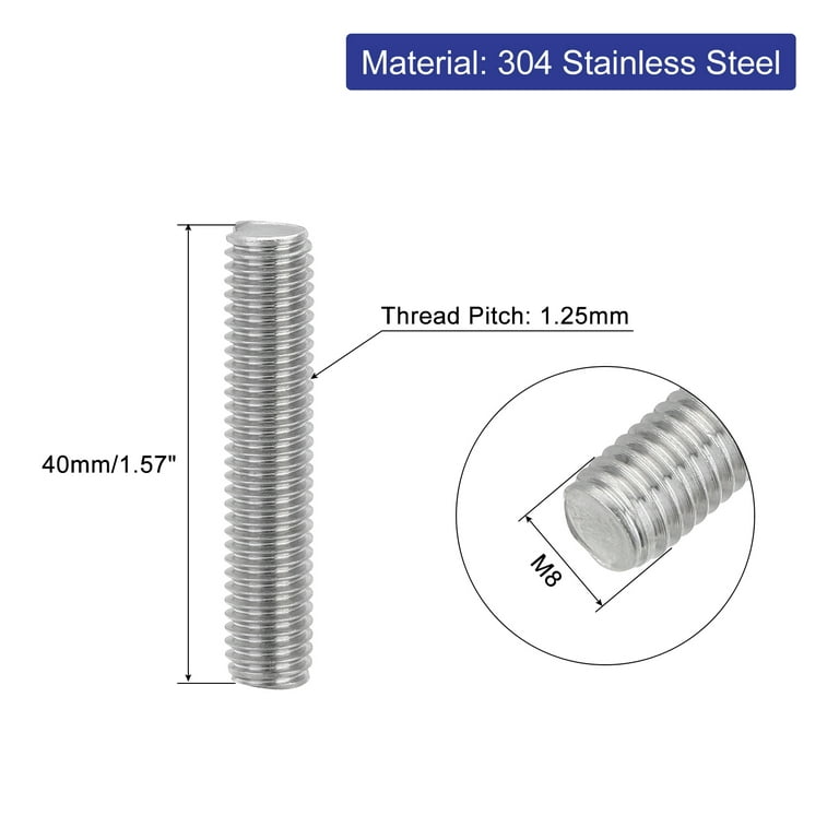 M8 X 40mm 304 Fully Threaded Rods 1.25mm Pitch 20-pack Uxcell M8 X 40mm ...