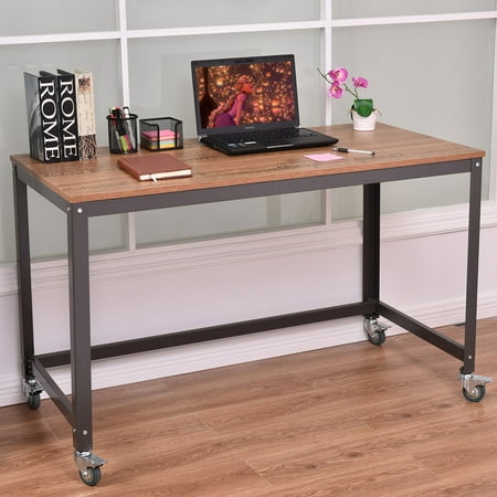 Costway Rolling Computer Desk Metal Frame PC Laptop Table Wood Top ...