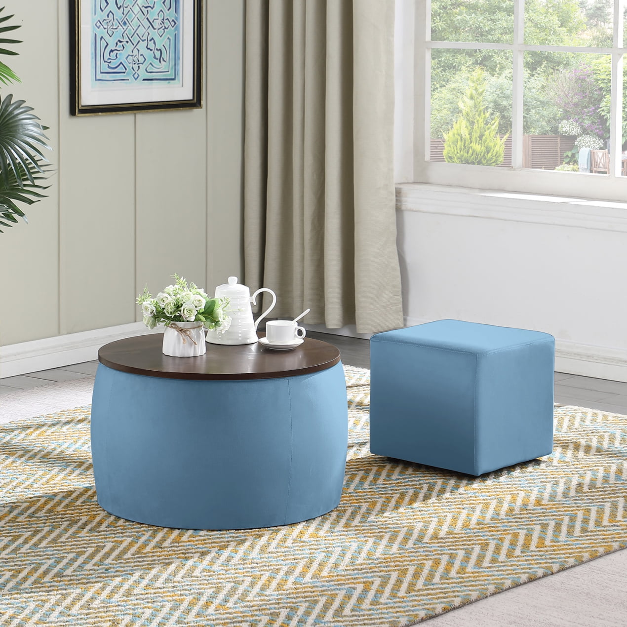 2 in 1 Round Coffee Table with Square Foot Rest Footstool, Round ...