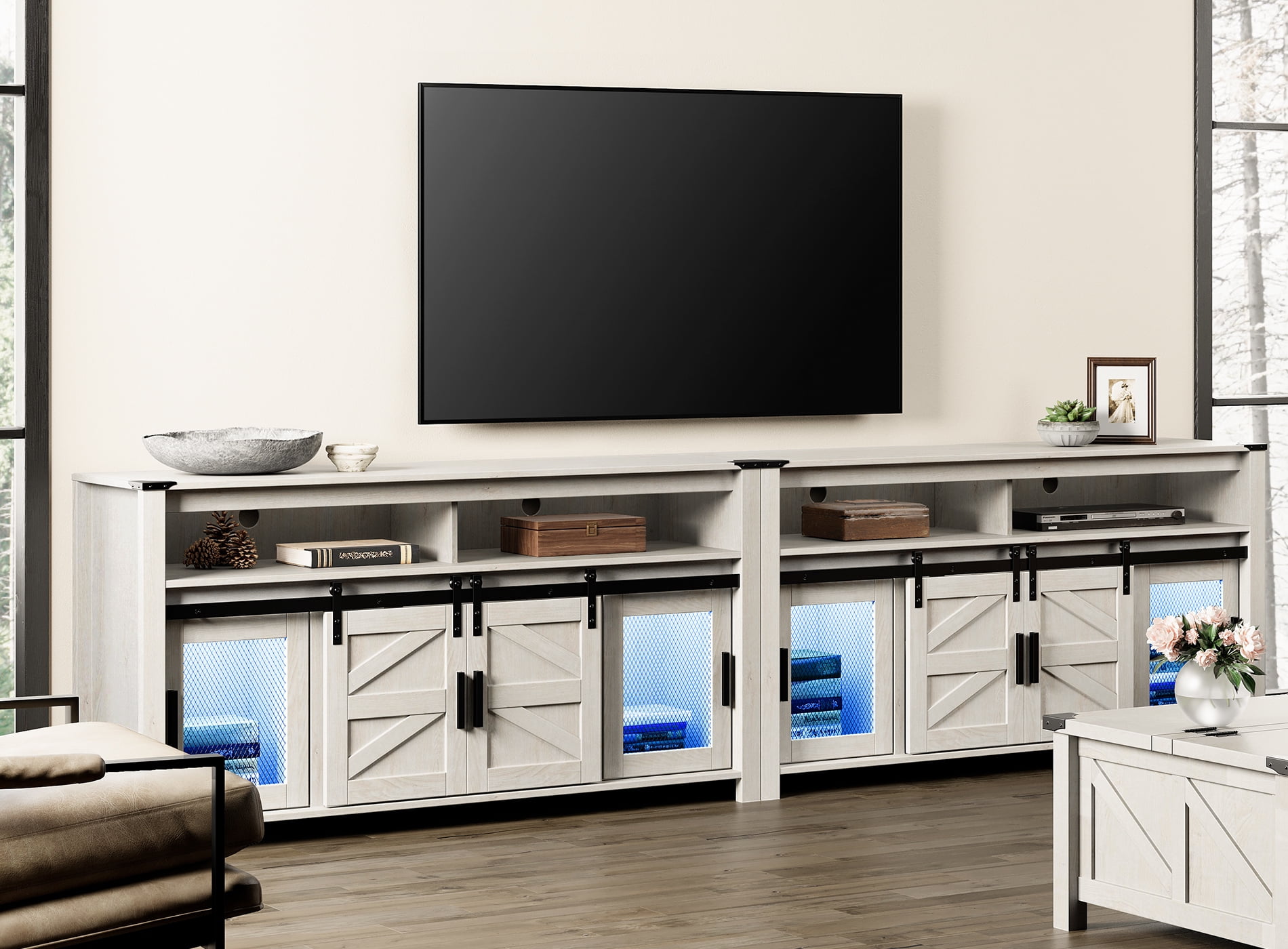 WAMPAT TV Stands for 100+ Inch TVs, 118" LED Farmhouse Entertainment ...