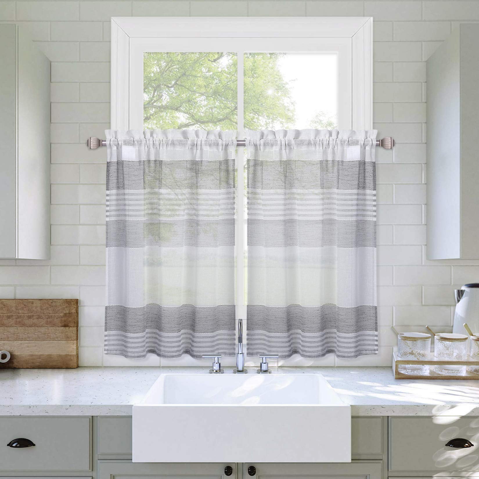 Kitsin Kitchen Sheer Curtains, Splicing Striped Design Linen Textured ...