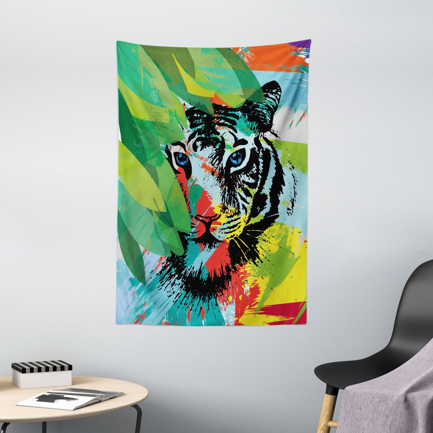 Tiger Tapestry, Abstract Drawing of a Bengal Tiger Under Leaves on ...