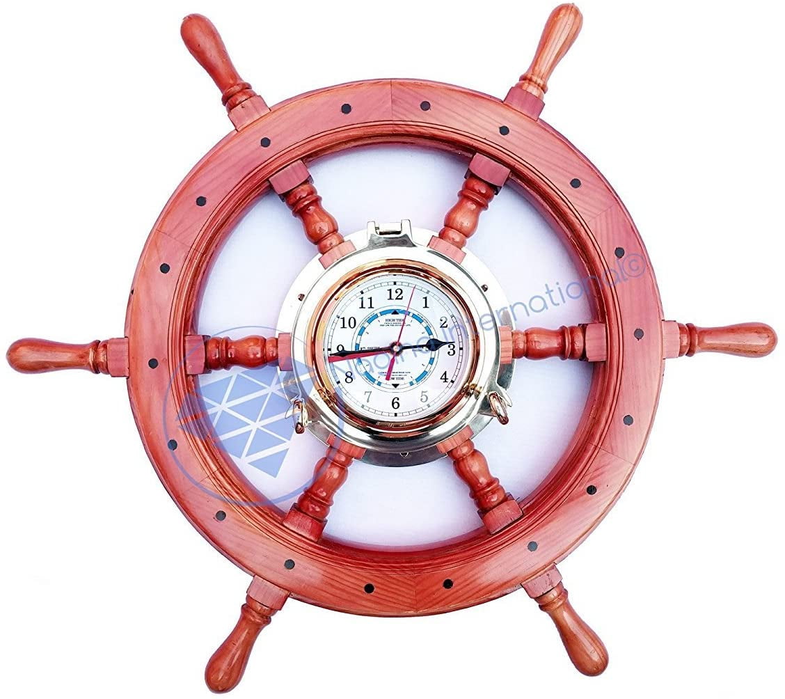 Wooden Ship Wheel Pine Wood (Red Buffed Polished) - Mounted Jhanjhat ...