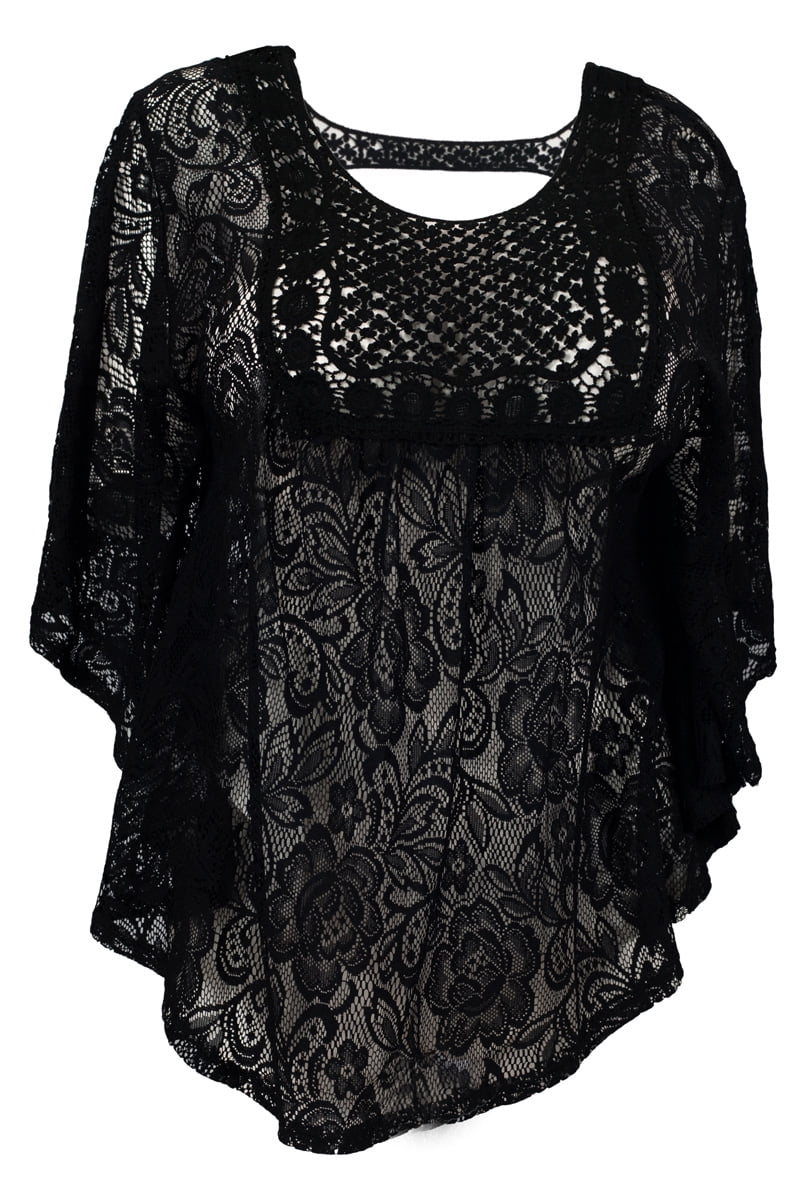 Evogues Plus Size Sheer Crochet Floral Lace Poncho Top Black